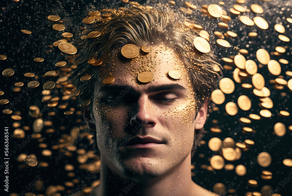 fictional scene of young man enjoying, a gold rain of abstract liquid ...