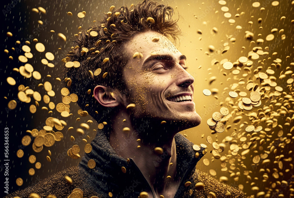 fictional scene of young man enjoying, a gold rain of abstract liquid ...