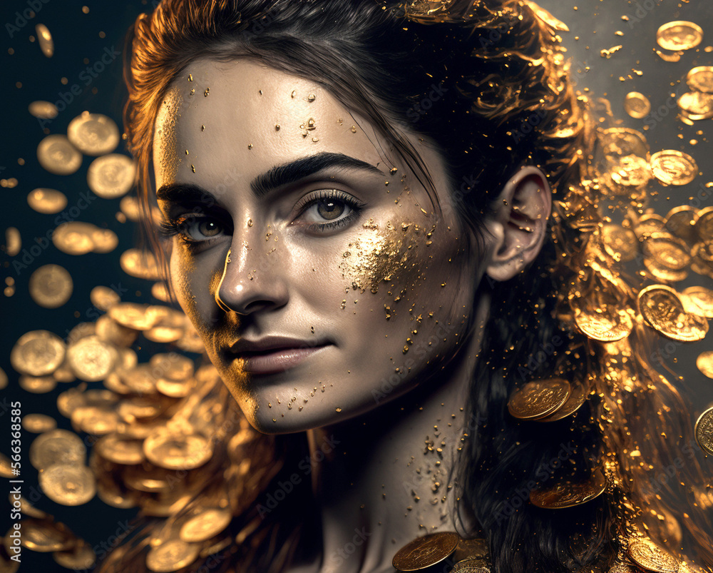 fictional scene of young woman enjoying, a gold rain of abstract liquid ...