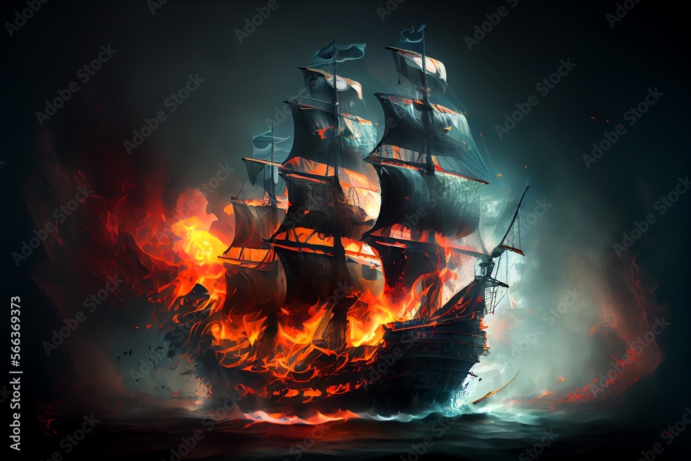 Pirate ship destroyed in flames after battle at sea. Digital ...