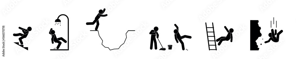 fall illustration set, wet floor, pit, fall down stairs, stick figure ...