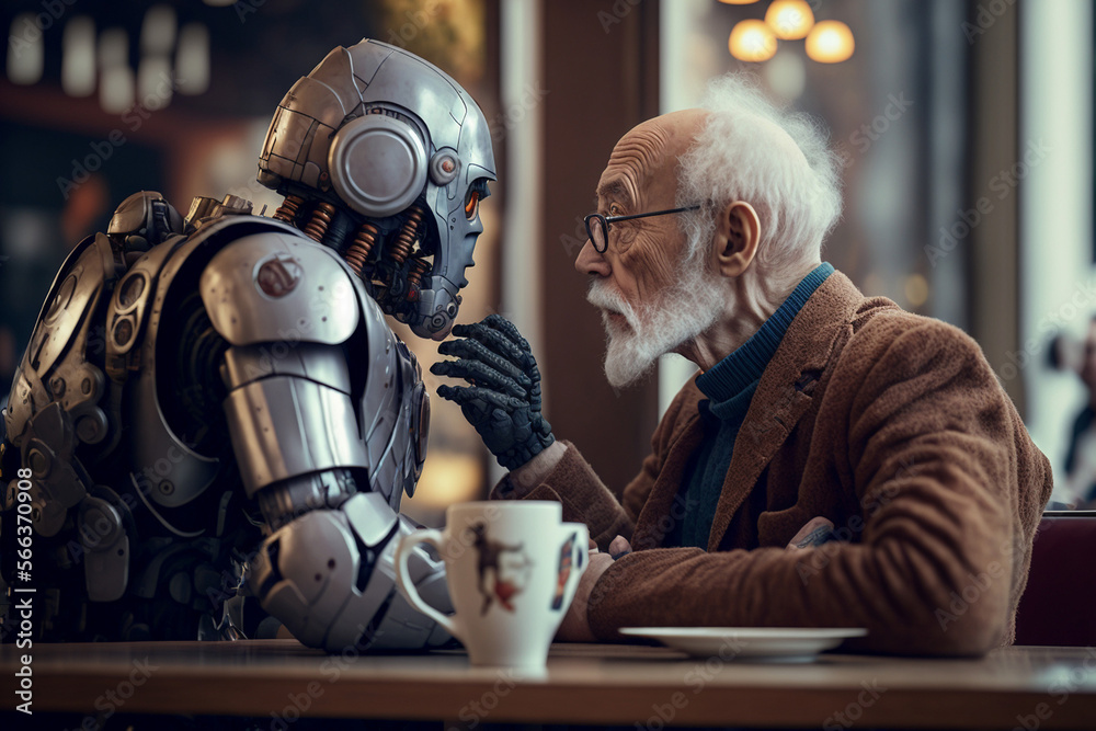 an old man and his robot friend are sitting together in a cafe ...