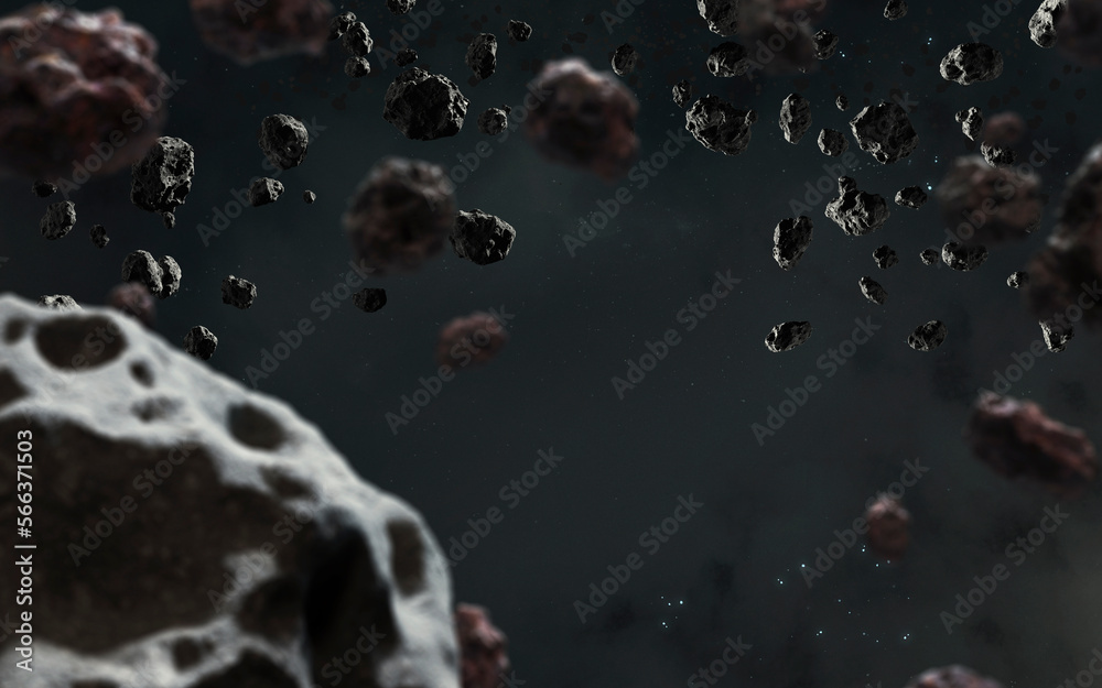 3D illustration of asteroid field in space. Meteors at orbit. 5K ...