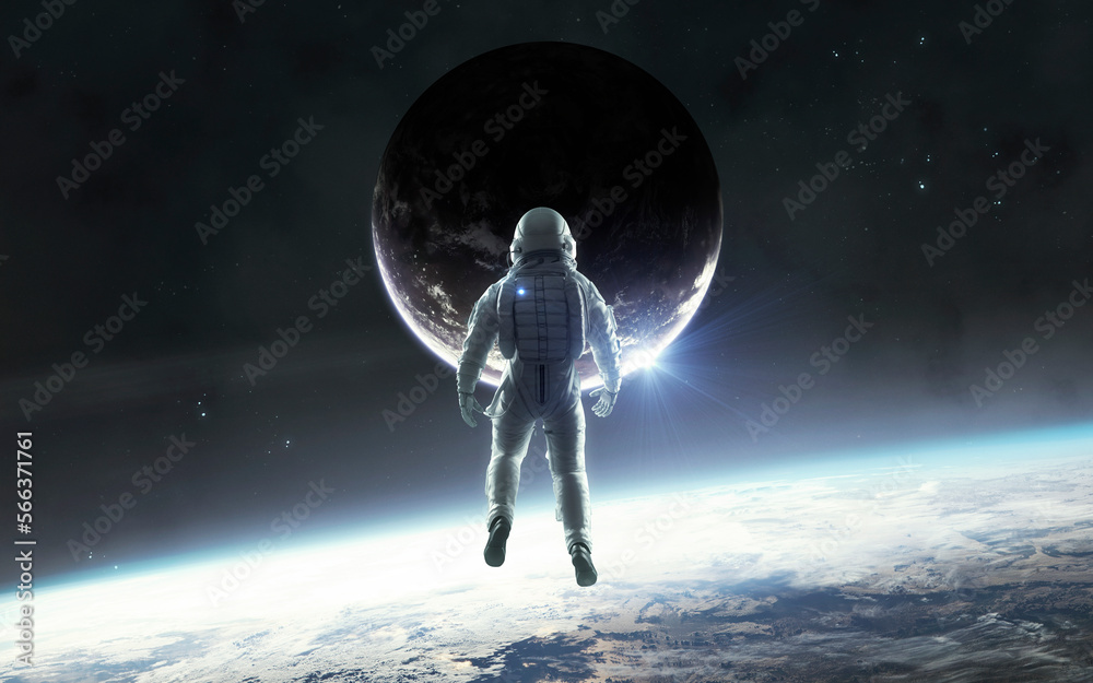 3D illustration of astronaut flying in space. 5K realistic science ...