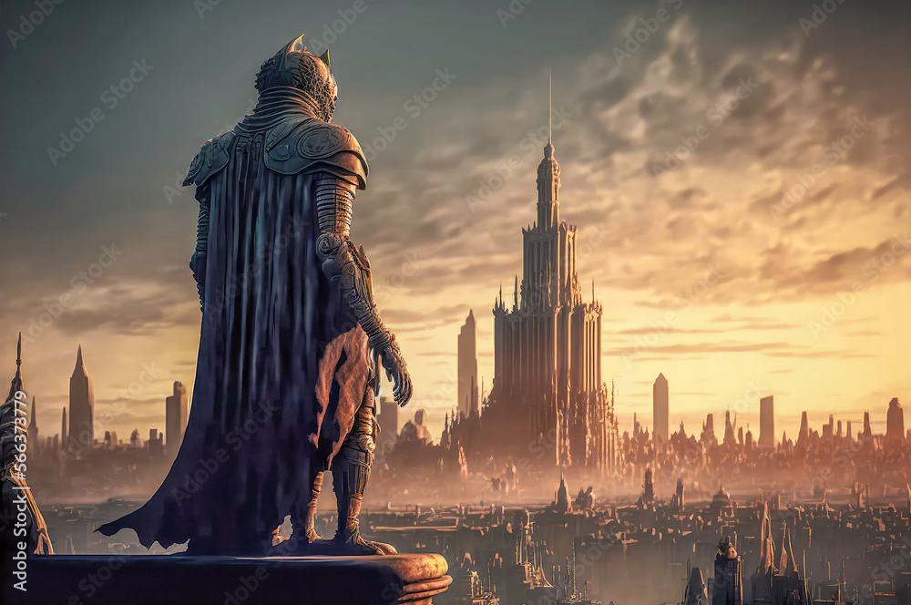 An alien gargoyle, Stone warrior guarding temple at sunrise/sunset, ai ...