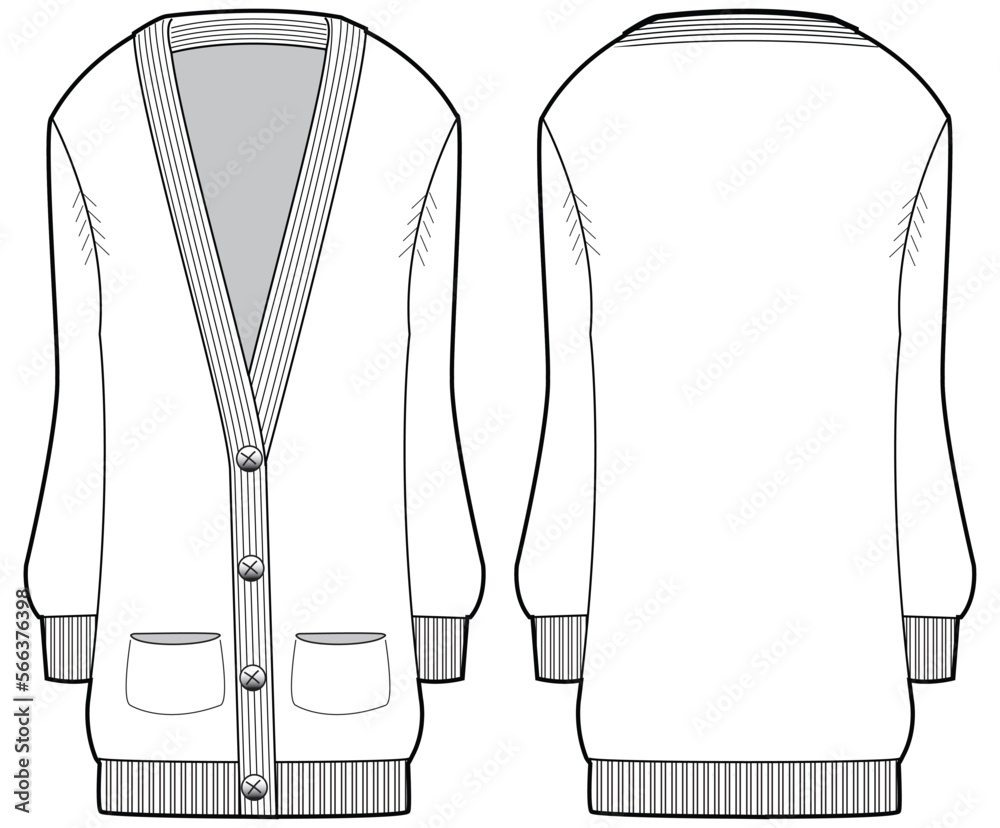 Women Long sleeve cardigan sweater design flat sketch fashion ...