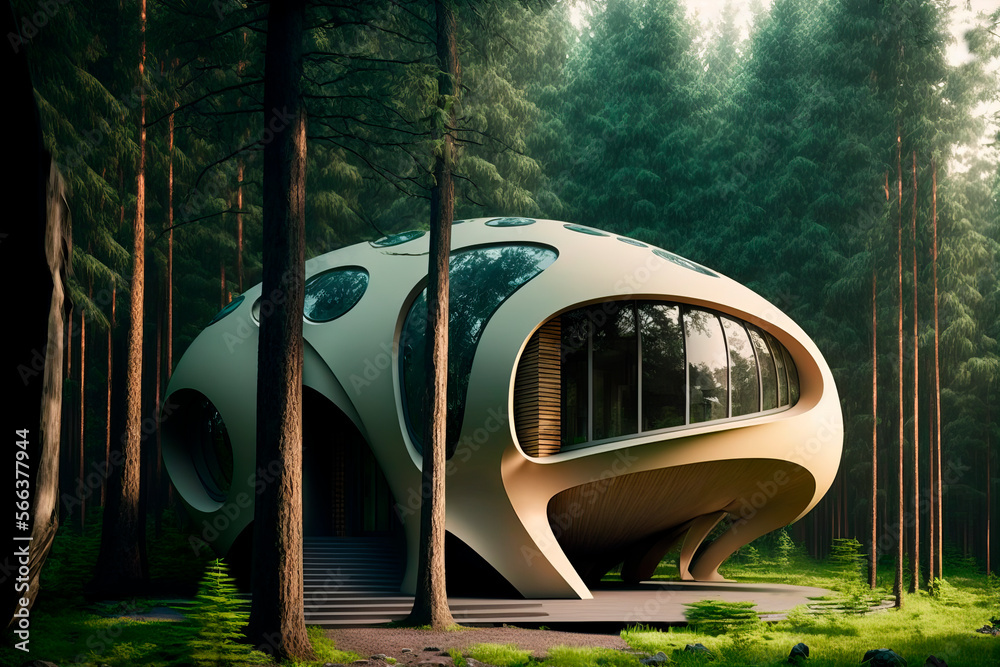 Modern house in the shape of a sphere in the forest, futuristic design ...