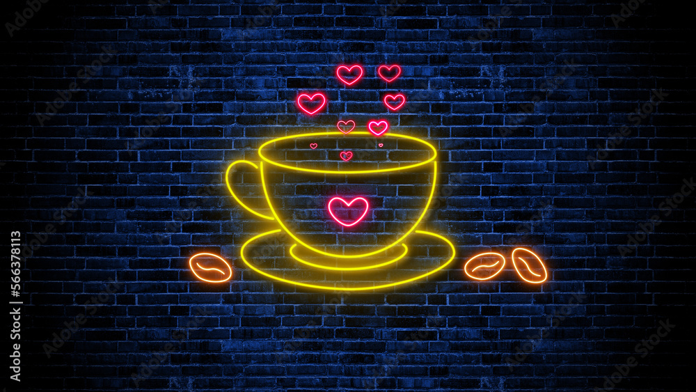 neon lights coffee mug and beans sign on brick wall, love hearts ...