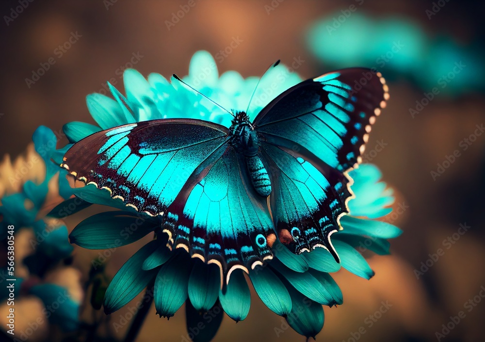 Beautiful turquoise blue butterfly on turquoise blue flower ...