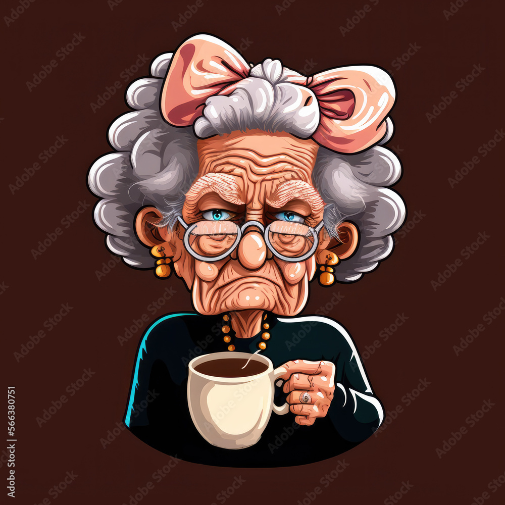 grumpy old woman holding coffee cup, sticker illustration, AI assisted finalized in Photoshop by ...