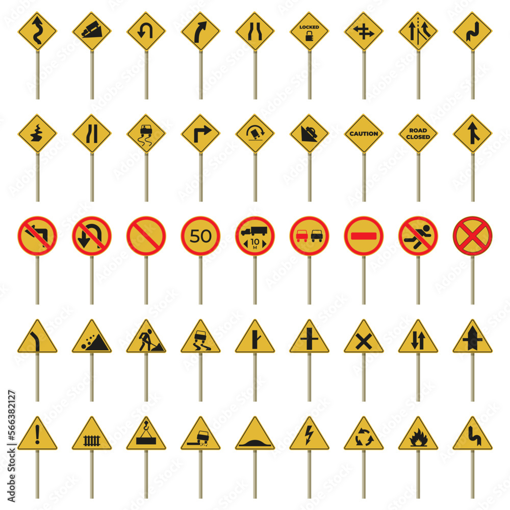Flat road signage collection. Set of road signage on white background ...