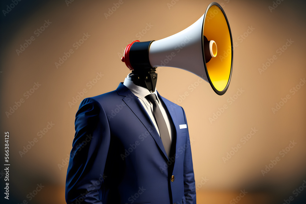 Man in a business suit jacket with megaphone instead of a head. Concept ...