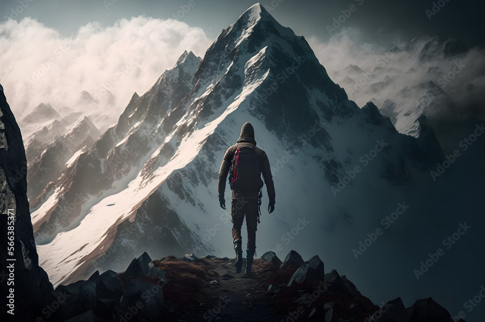 Background with man overcoming his challenges climbing a mountain ...
