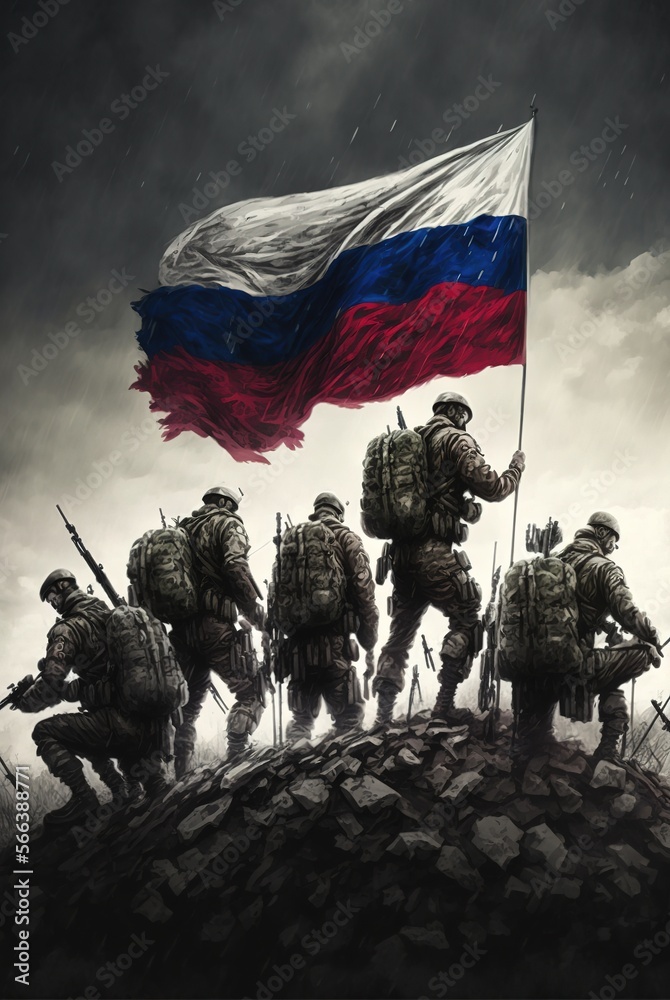 Russian soldiers holding their flag over hill during war. Generative AI ...