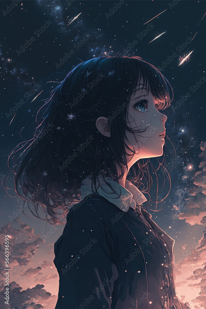 Dark moody, anime girl looking at the sky and stars Stock Illustration ...