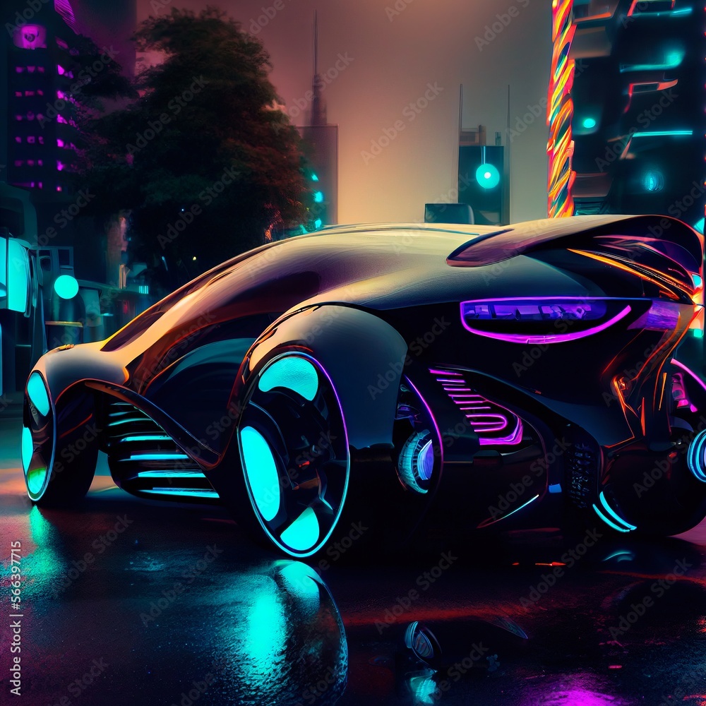 Image of a futuristic car against the backdrop of the city of the ...