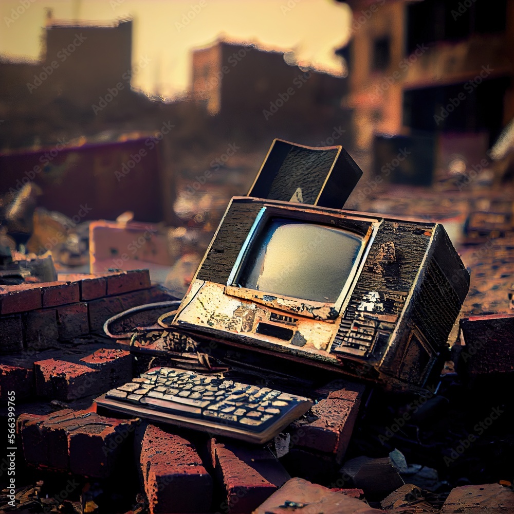 An old computer lying on the ruins of a house. A post-apocalyptic ruined city. Destroyed ...