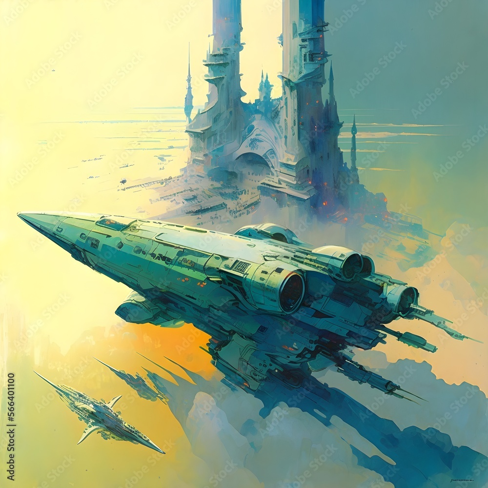 a far future space ship flies over a vast expanse of massive far future ...