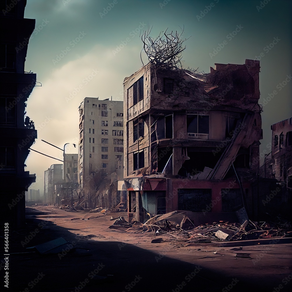 A post-apocalyptic ruined city. Destroyed buildings, destroyed roads ...