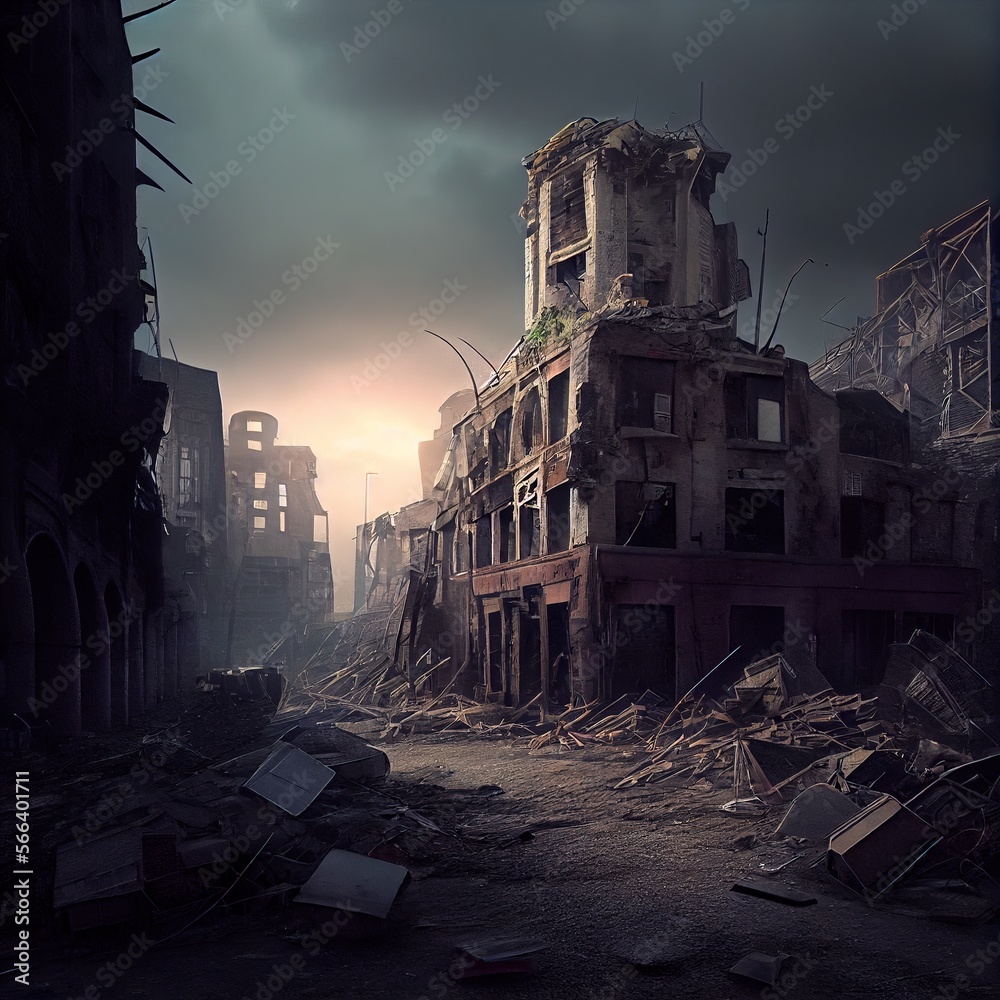 Ilustrace „A post-apocalyptic ruined city. Destroyed buildings ...