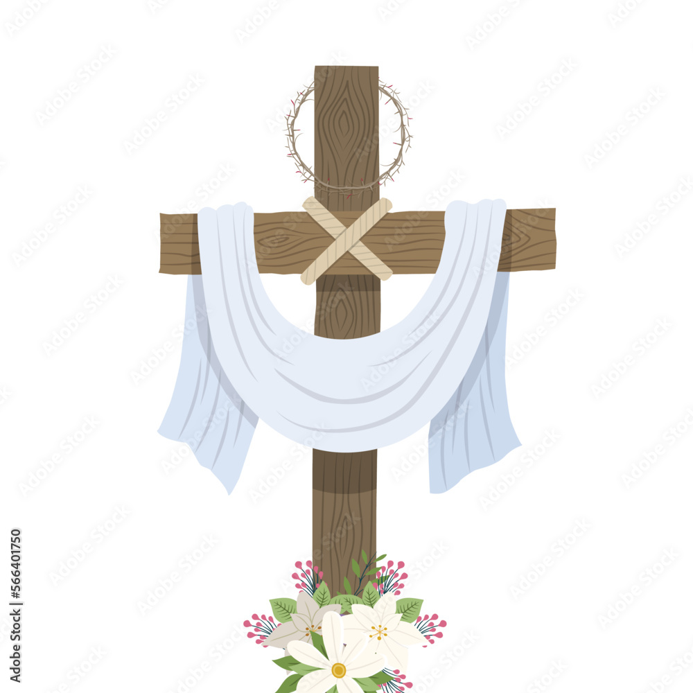 Holy week. The cross with the crown of thorns and the white cloth ...
