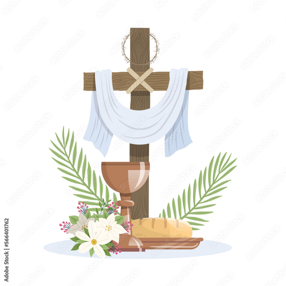 Holy Week. Cross, Crown of thorns, the white cloth, Palm Sunday and ...