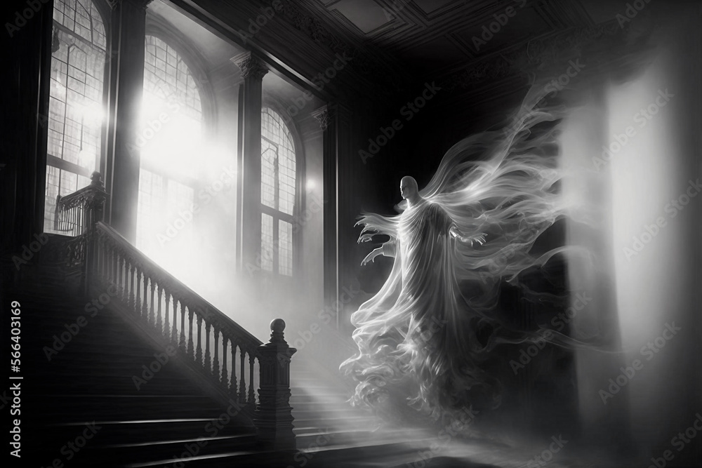Blur, transparent and mysterious ghost walking the mansion corridors ...