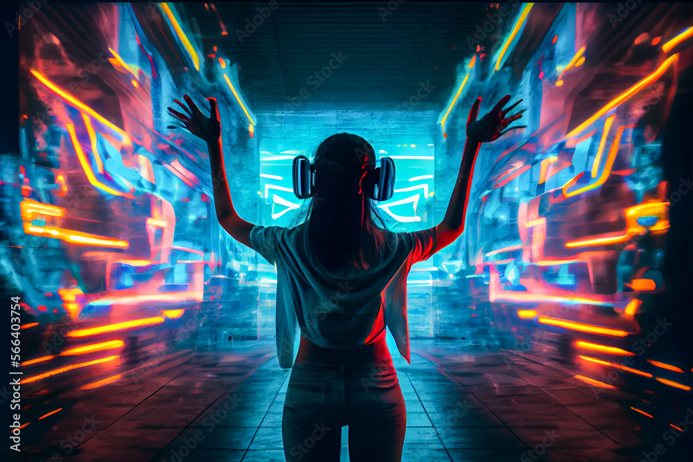 Woman using VR headset and waving hands in front of large wall display ...