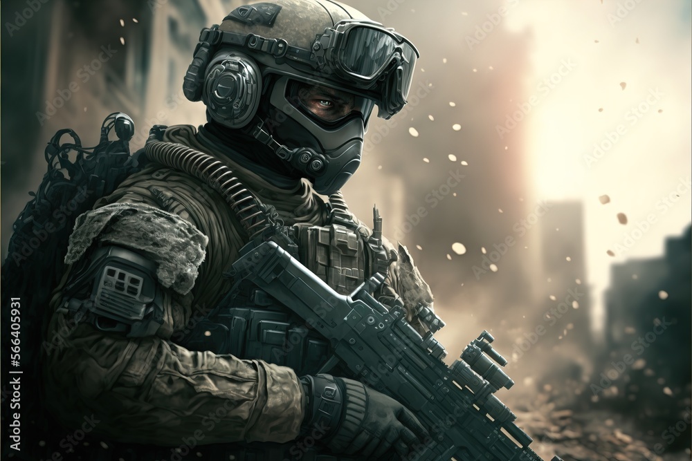 Realistic digital illustration of an elite soldier on the background of ...