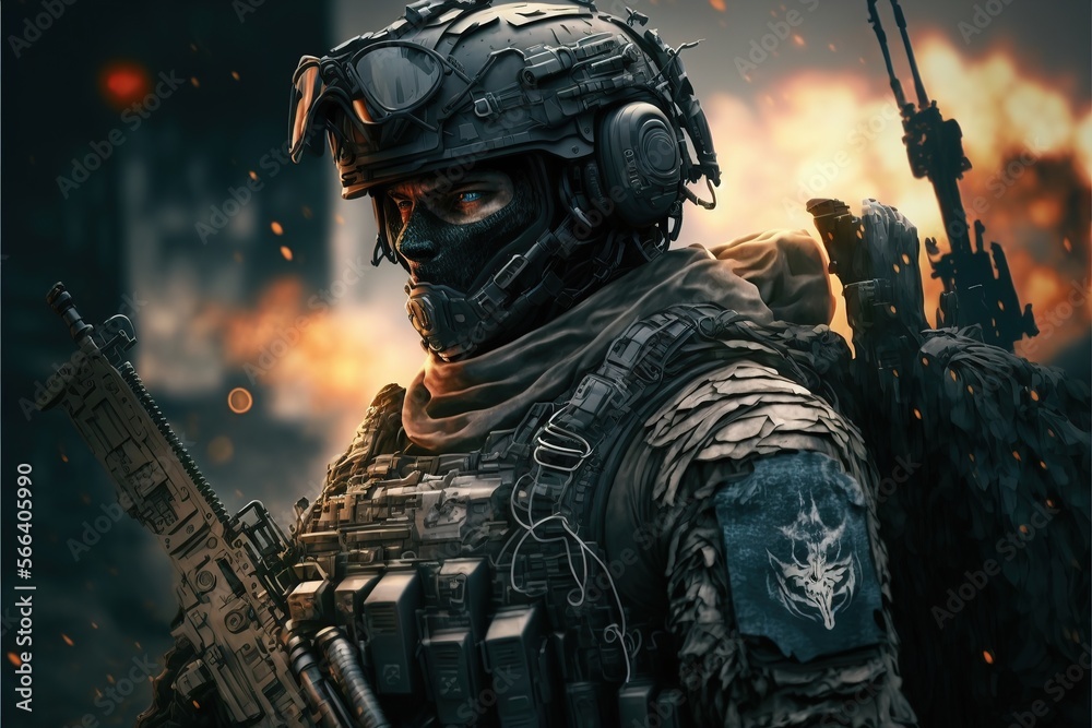 Realistic digital illustration of an elite soldier on the background of ...