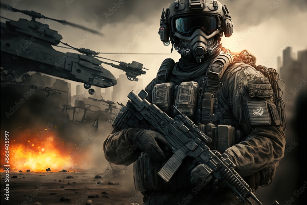 Realistic digital illustration of an elite soldier on the background of ...