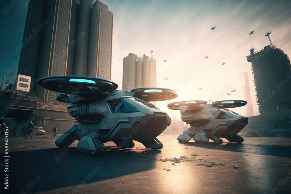 Future of Aerial Police vehicle, Air police unit in futuristic city ...