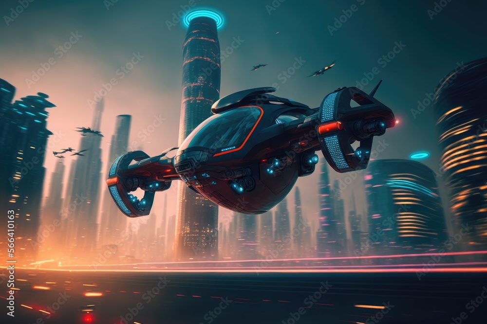Future of Aerial Police vehicle, Air police unit in futuristic city ...