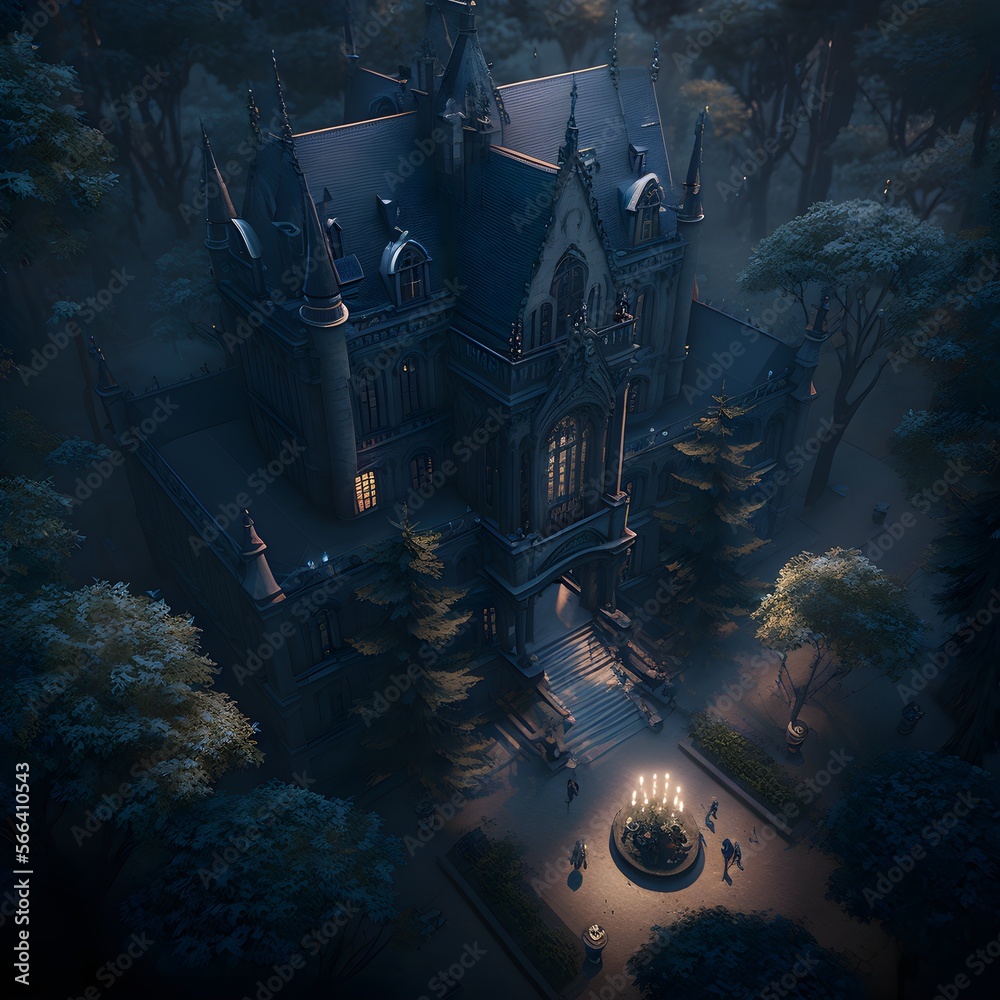 big manor gothic style aerial view trees gardens surreal enviroment ...