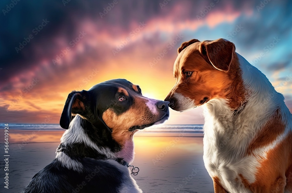 Two dogs touching noses on a beautiful beach during the sunset. AI ...