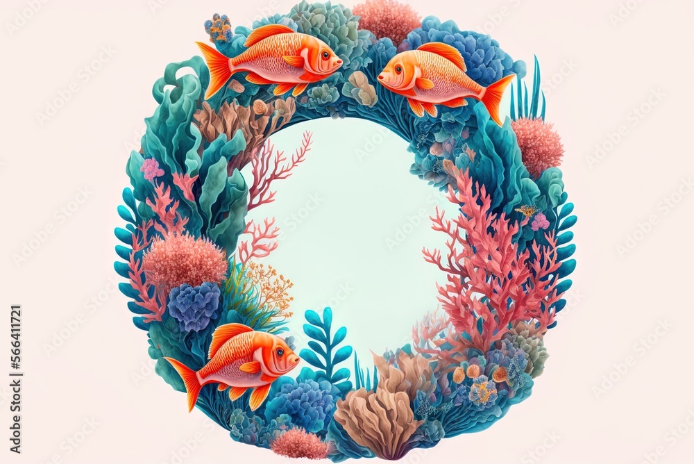 Postcard design marine artwork with a ringed wreath filled with vivid ...