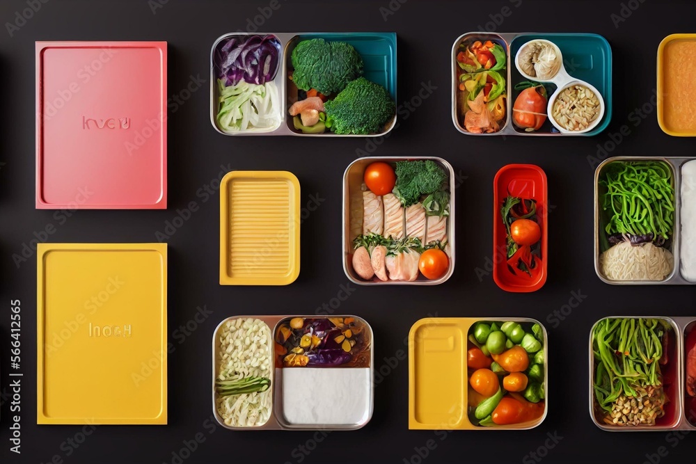 Ready healthy food catering menu in lunch boxes fish and vegetable ...