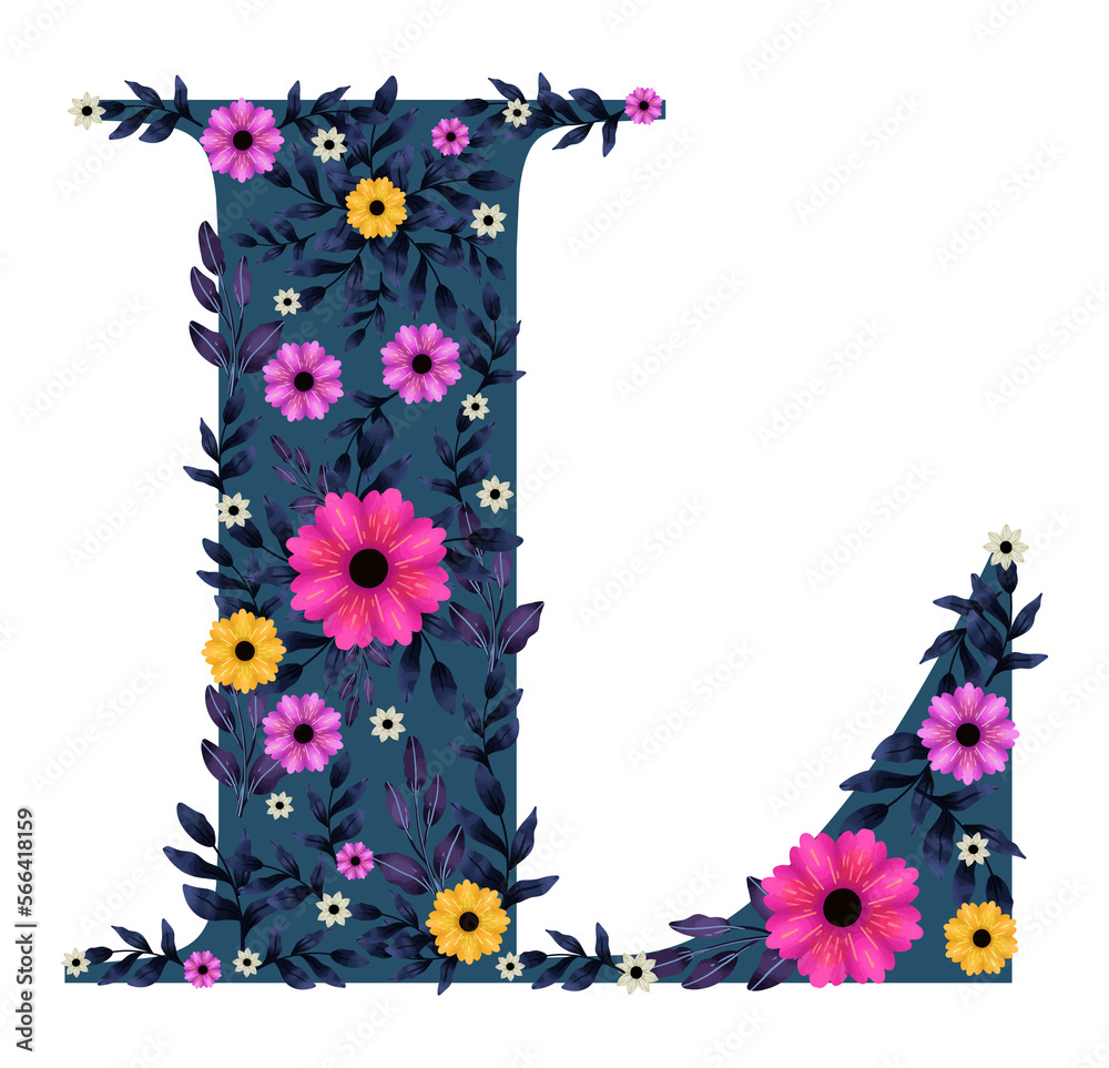 Monograma L azul con flores. Letras Mayúscula Floral para Inicial ...