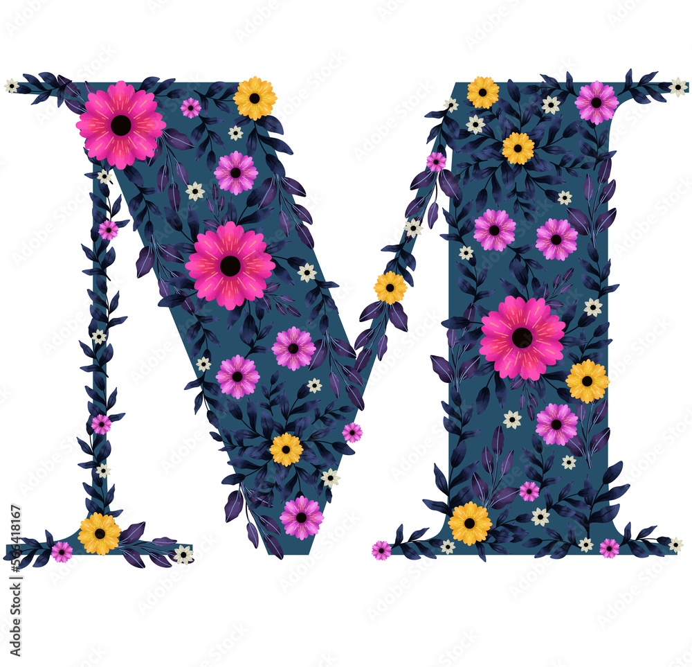 Monograma M azul con flores. Letras Mayúscula Floral para Inicial ...