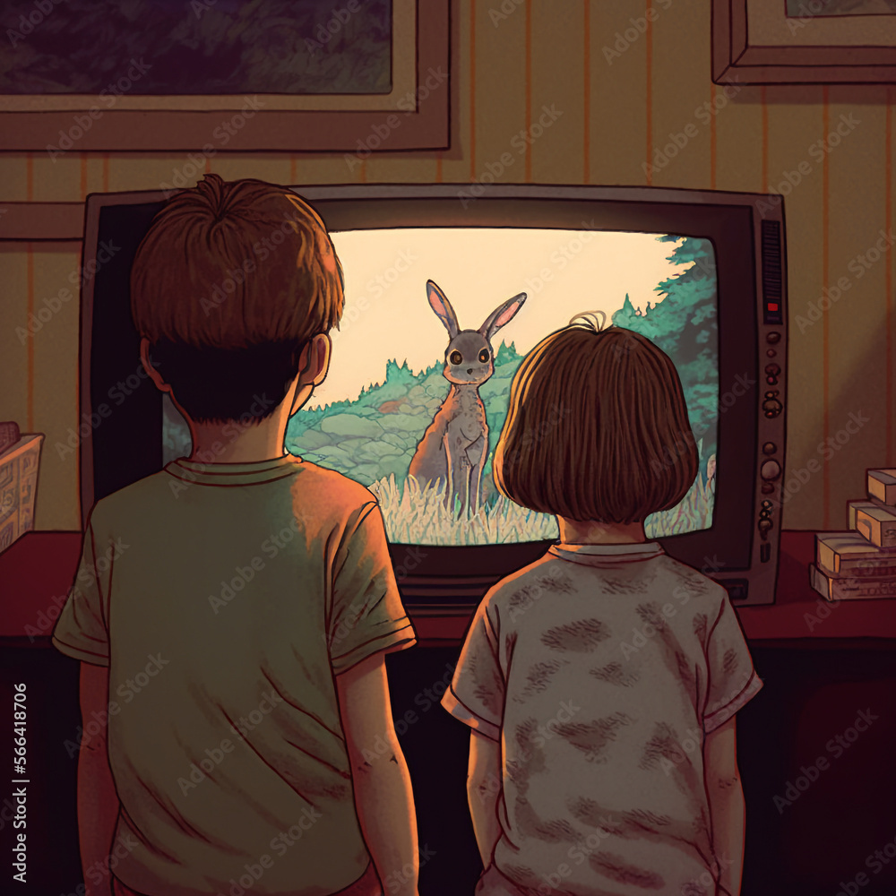 Retro 1980s Graphic Novel Illustration of a Boy and Girl Watching an ...