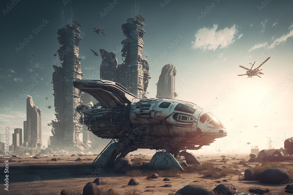 Urban landscape of post apocalyptic future with flying spaceships, ufo ...