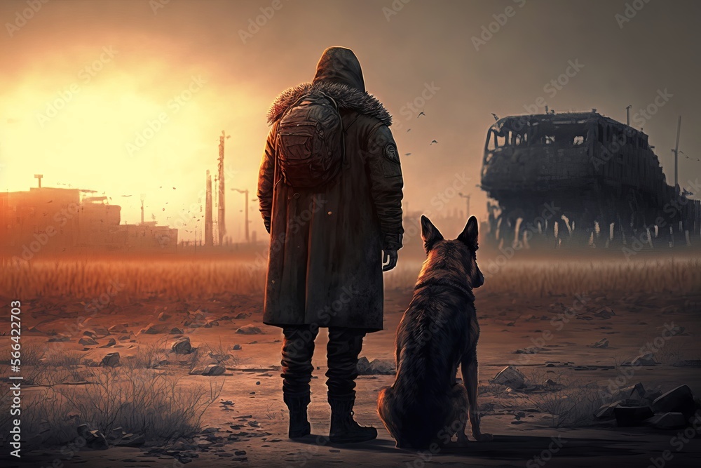 Stalker and dog, survivors after nuclear war. Generative AI Stock ...