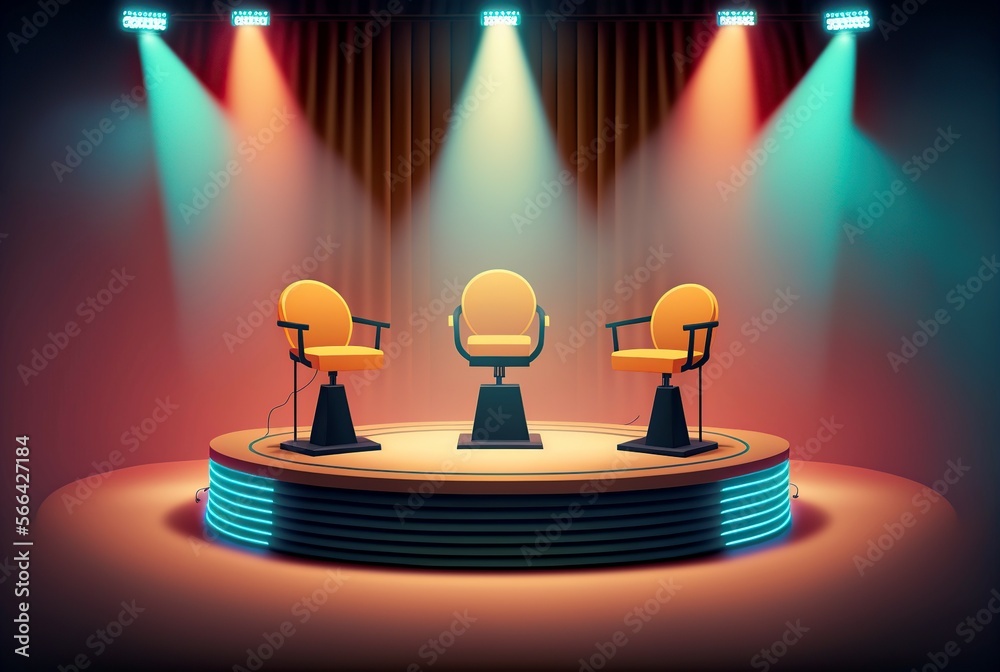 cartoon illustration, stage for a talent show with round podium ...