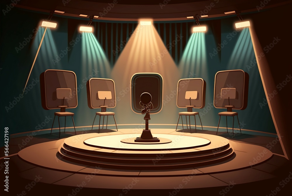 cartoon illustration, stage for a talent show with round podium ...
