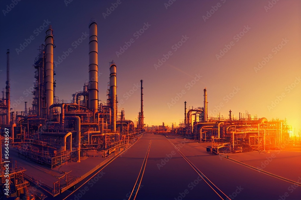 Oil and gas refinery plant or petrochemical industry on sky sunset ...