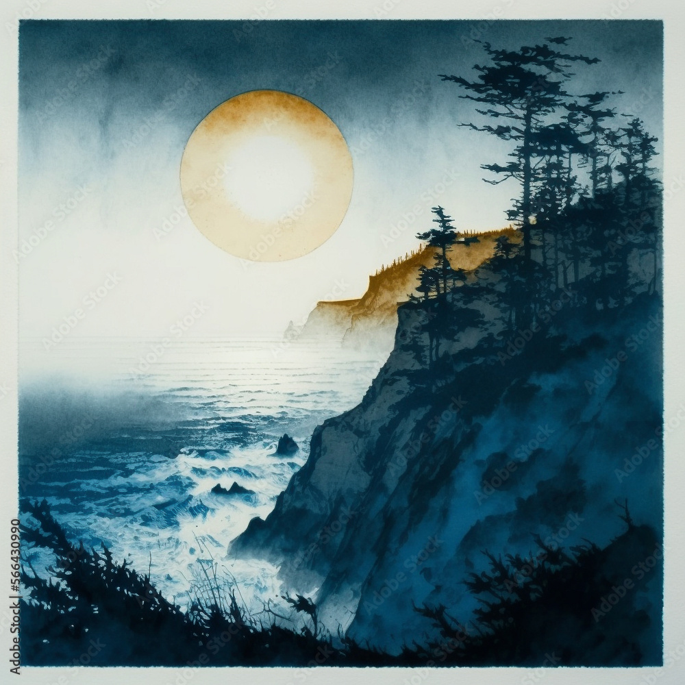evening scene: Mendocino bluffs over the Pacific Ocean, watercolor and ...