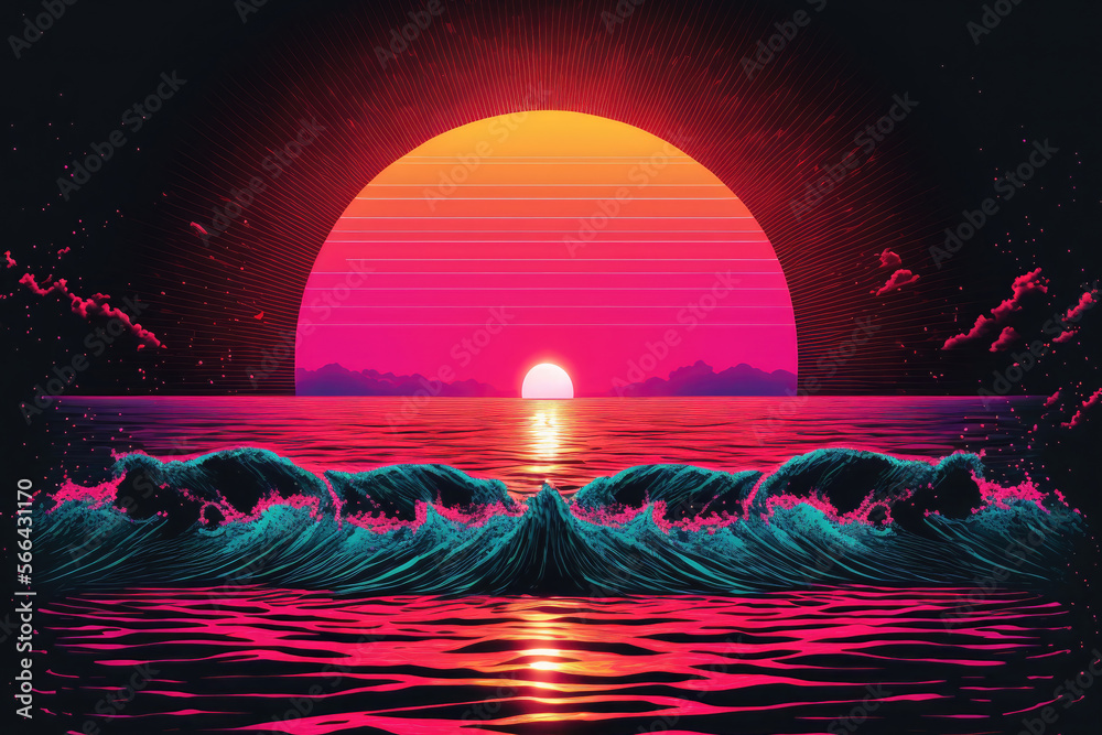 A breathtaking synthwave-style sunset above rolling waves. The fiery ...