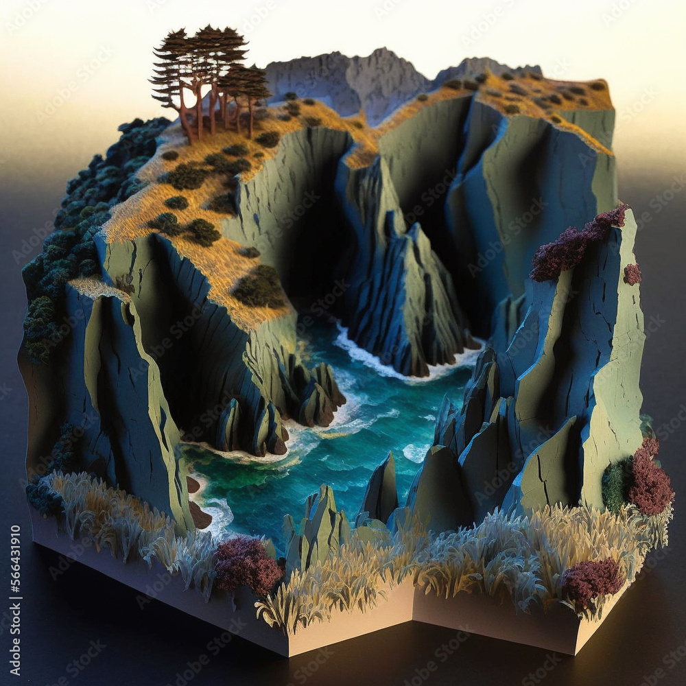cliffs overlooking ocean: papercraft diorama style (generative ai ...