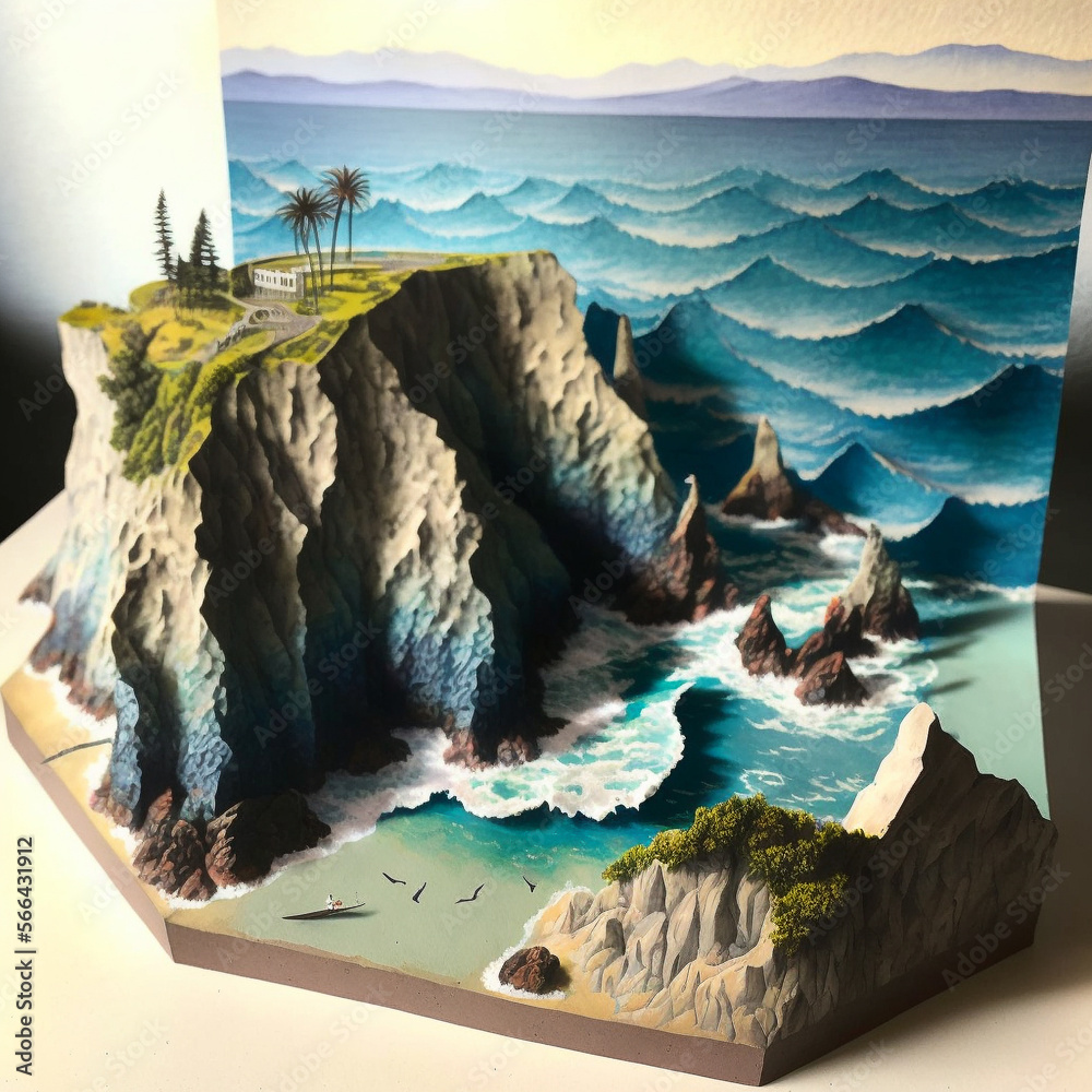 cliffs overlooking ocean: papercraft diorama style (generative ai ...