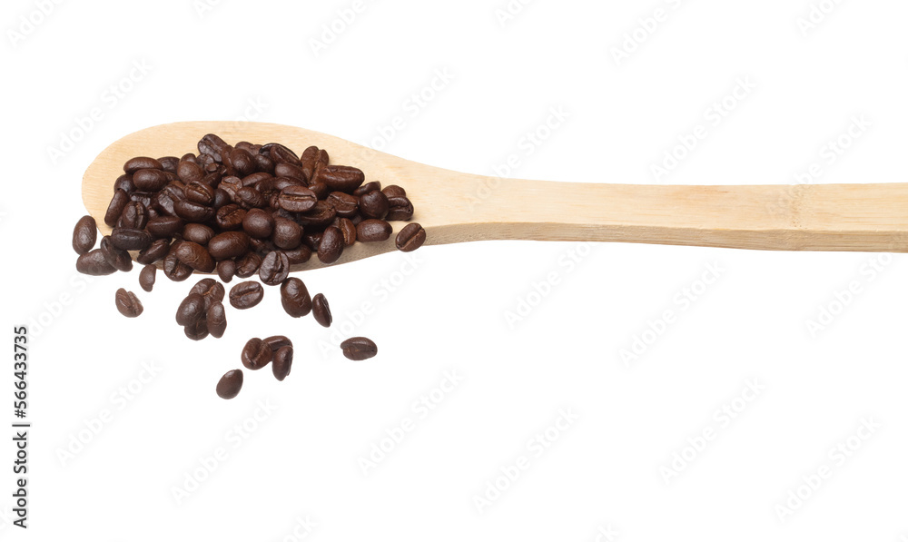 Coffee bean fall down pour in wooden spoon, Coffee seeds float explode ...